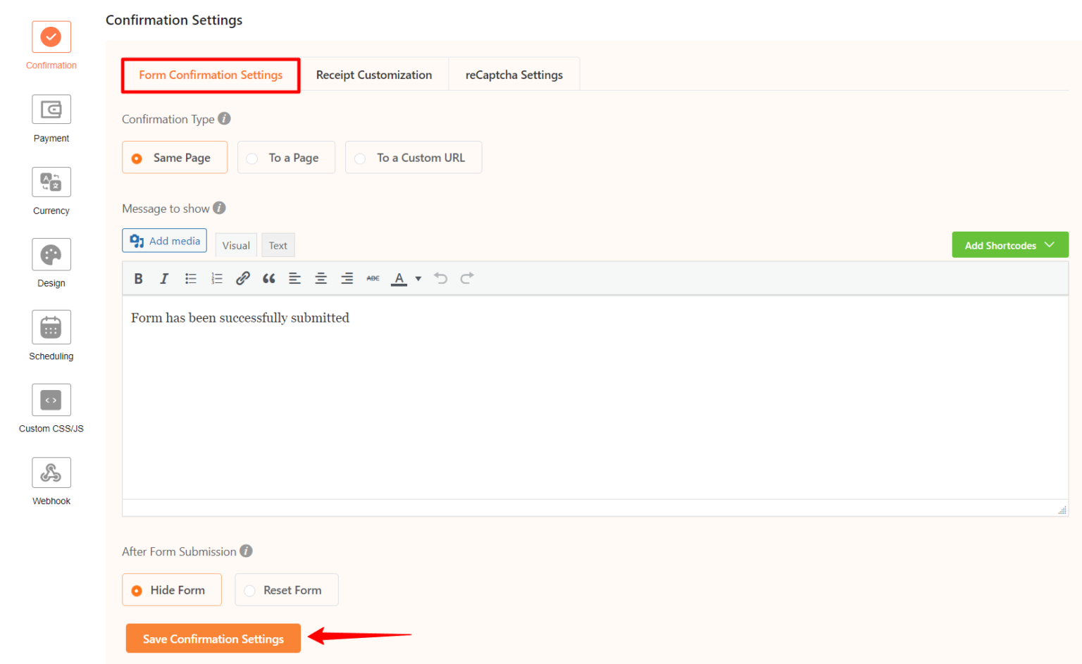 How to Configure Form Confirmation Settings in WordPress?