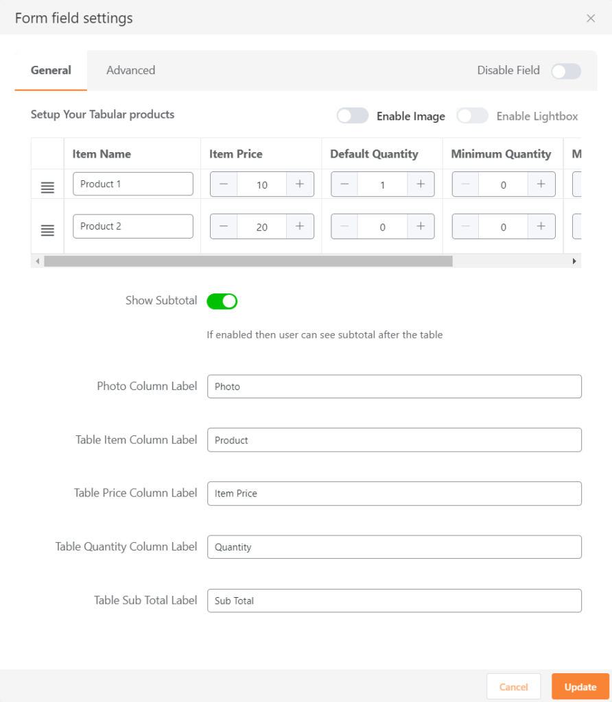 How to Add Tabular Product Item Fields in WordPress with Paymattic?