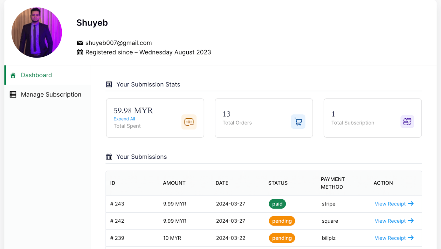 Paymattic User Dashboard: User Profile, Subscription Payments & Form Entries